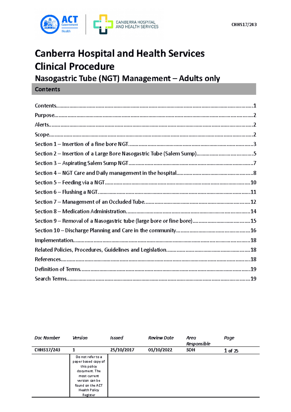 Nasogastric Tube (NGT) Management Adults – Only - Canberra Hospital and Health Services Clinical ...