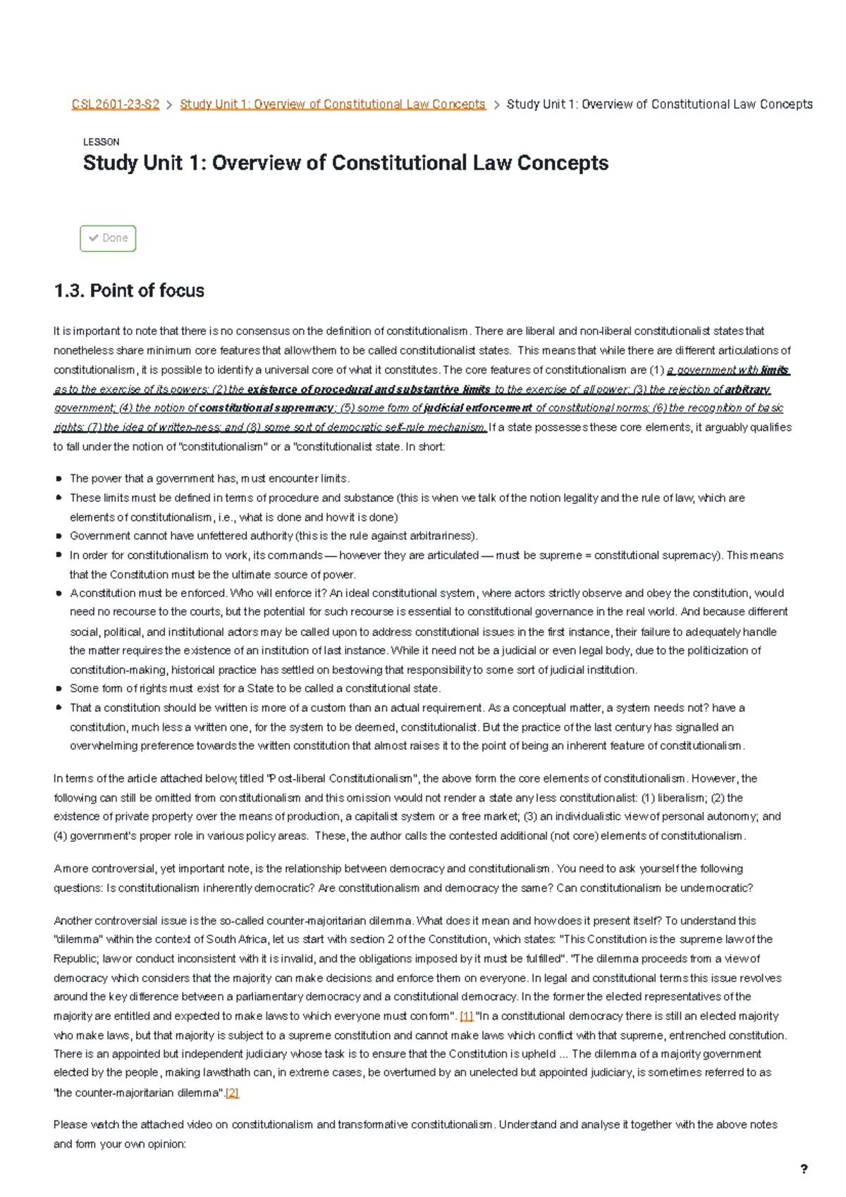 CSL2601-23-S2 Study Unit 1 Overview of Constitutional Law Concepts 1.3. Point of focus - Studocu
