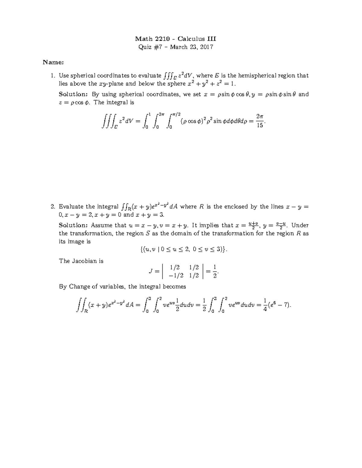2210 04 Sp17 Quiz 7 - Calculus 2 - Quiz Week 7 - Math 2210 - Calculus ...