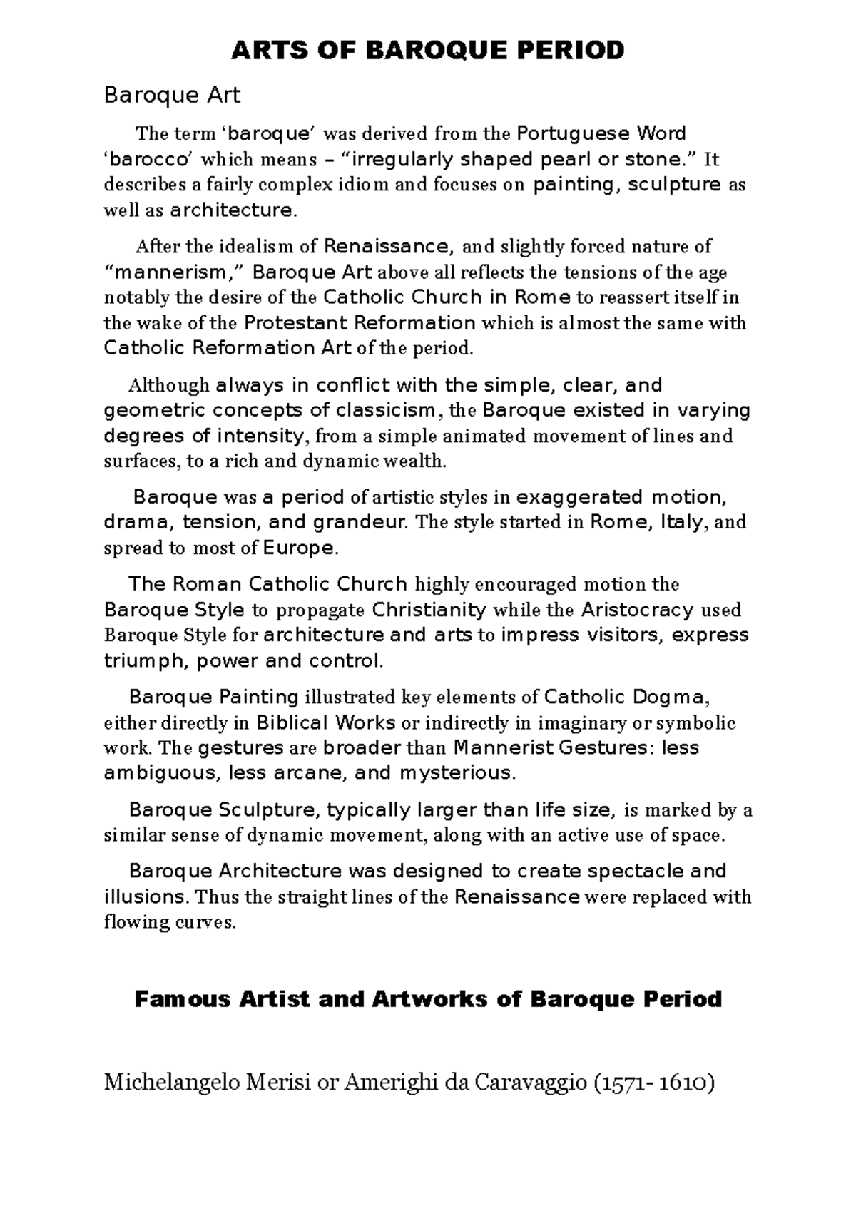 ARTS OF Baroque Period - a informative details was included in the ...