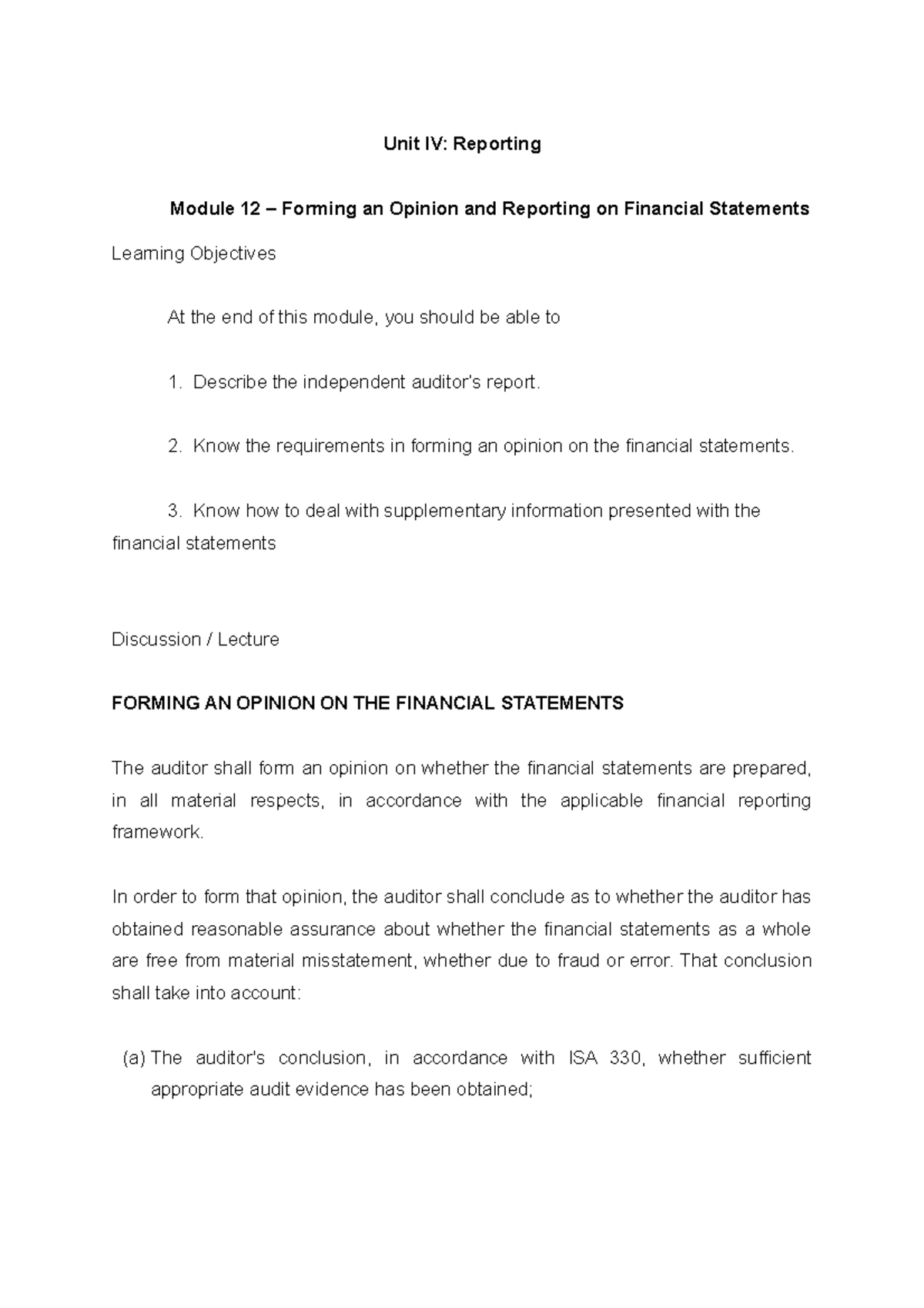 Module 12 Forming an Opinion and Reporting on Financial Statements - Unit IV: Reporting Module ...