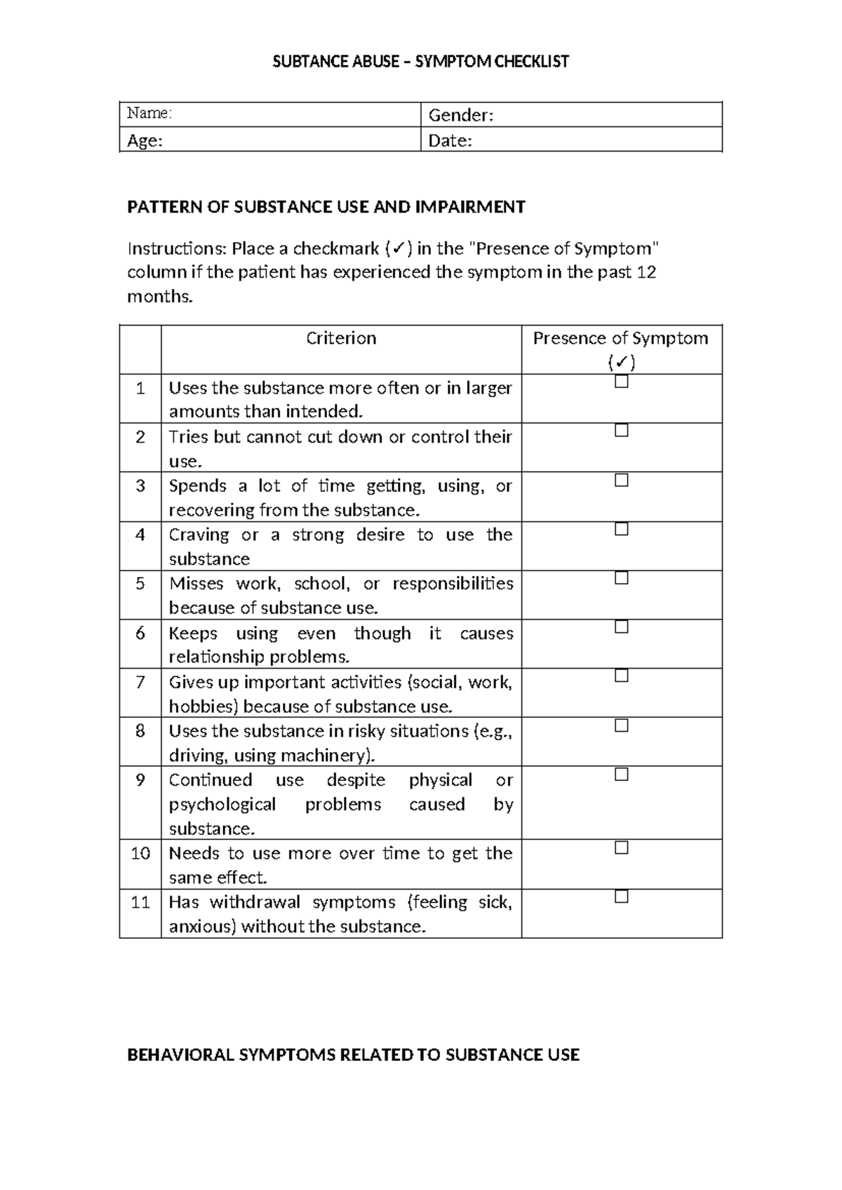 Substance-Related Disorder Symptoms Checklist - SUBTANCE ABUSE ...