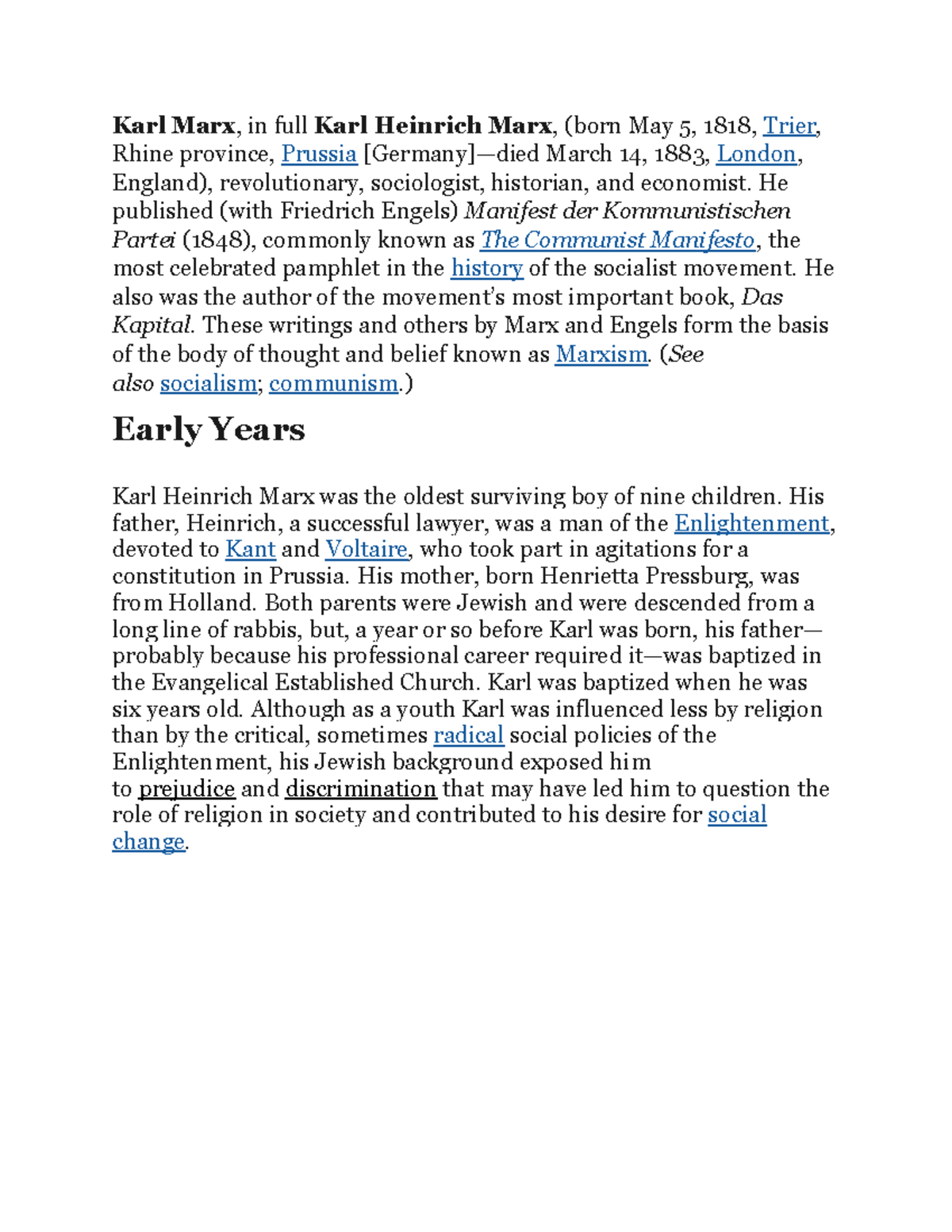 Karl Marx Biography - Lecture notes 1 - Karl Marx , in full Karl ...