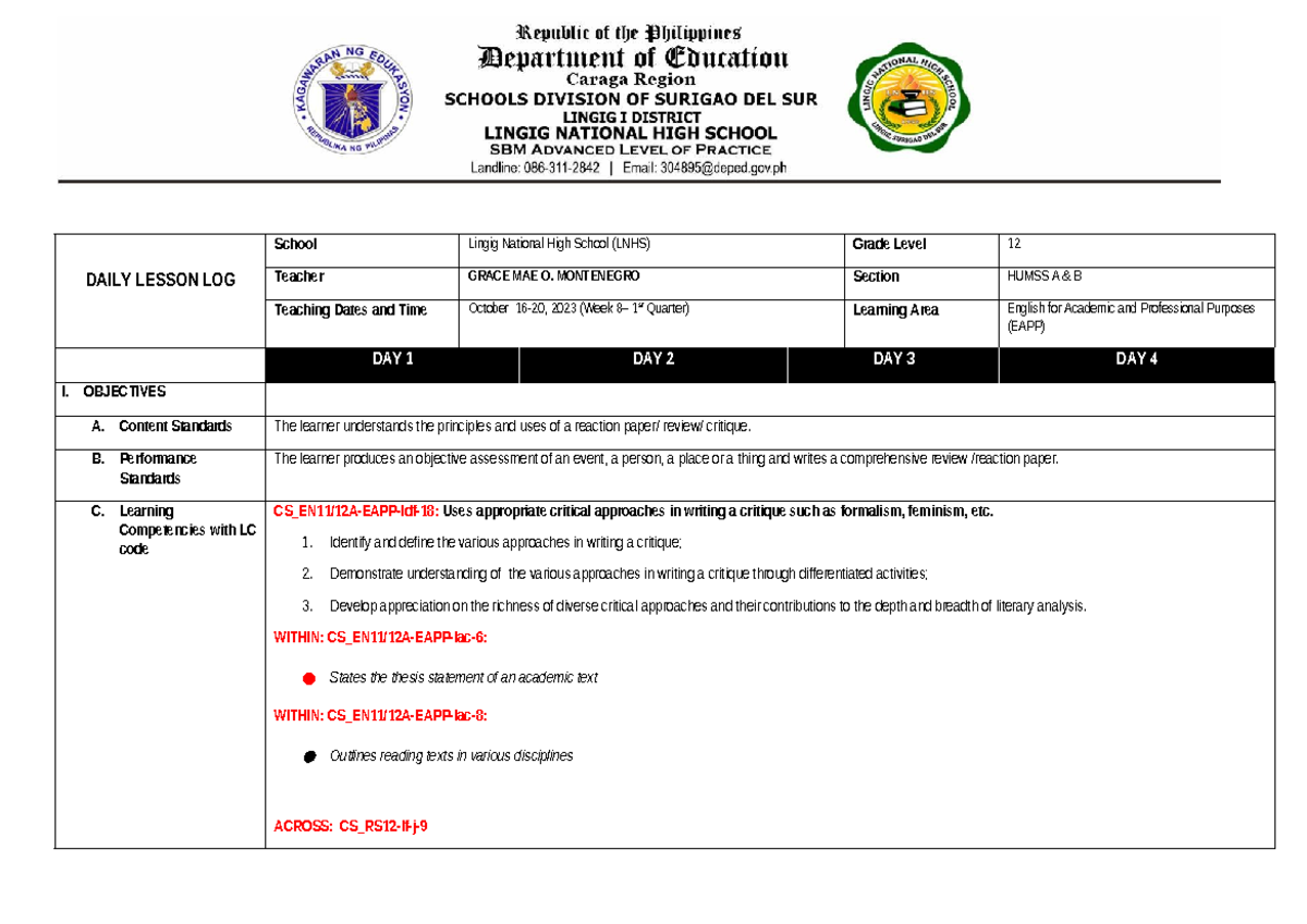 Week 8 DLL in EAPP (1st Quarter) - DAILY LESSON LOG School Lingig ...