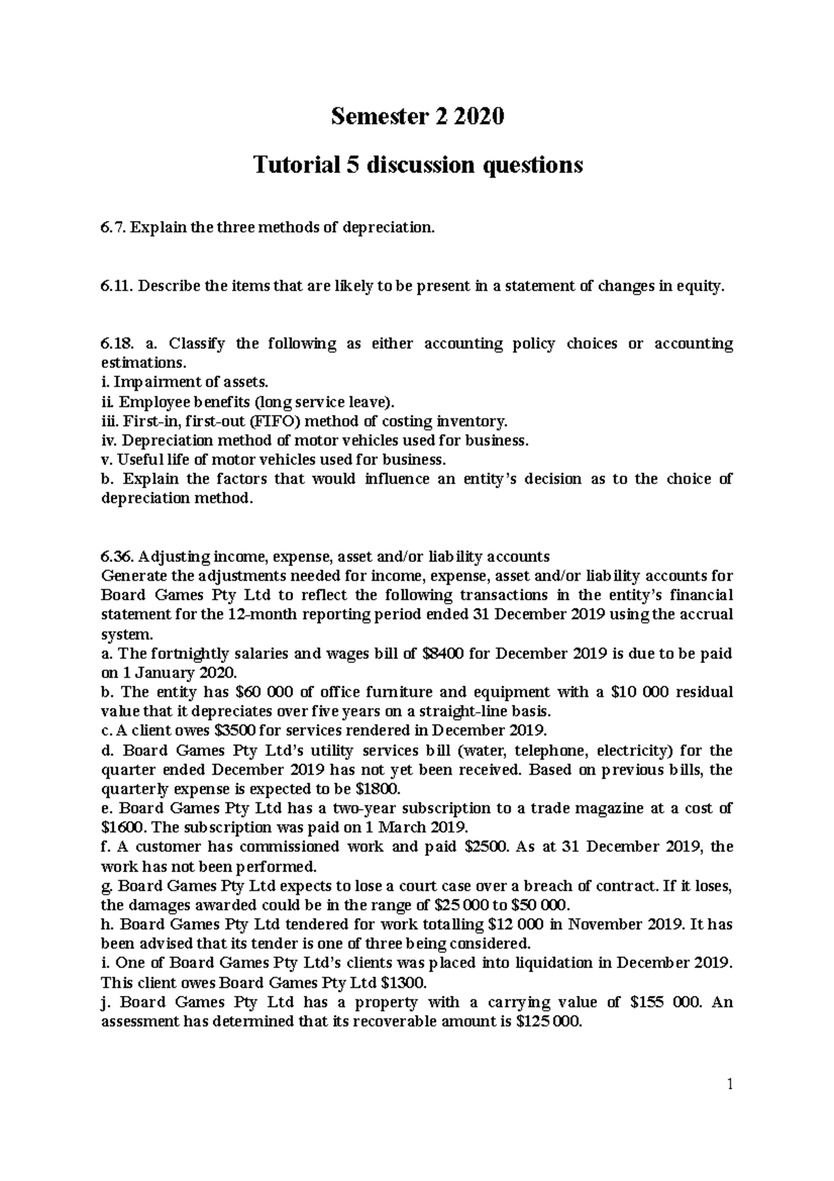 BUSN1001 S2 2020 Tutorial 5 discussion questions - Semester 2 2020 ...