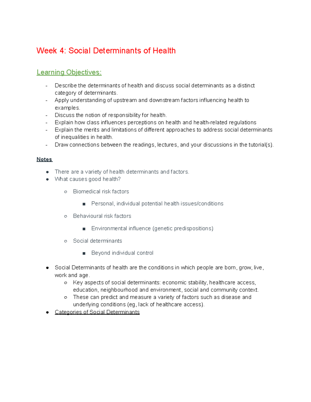 Week 3 Determinants of Health lec notes - Week 4: Social Determinants ...