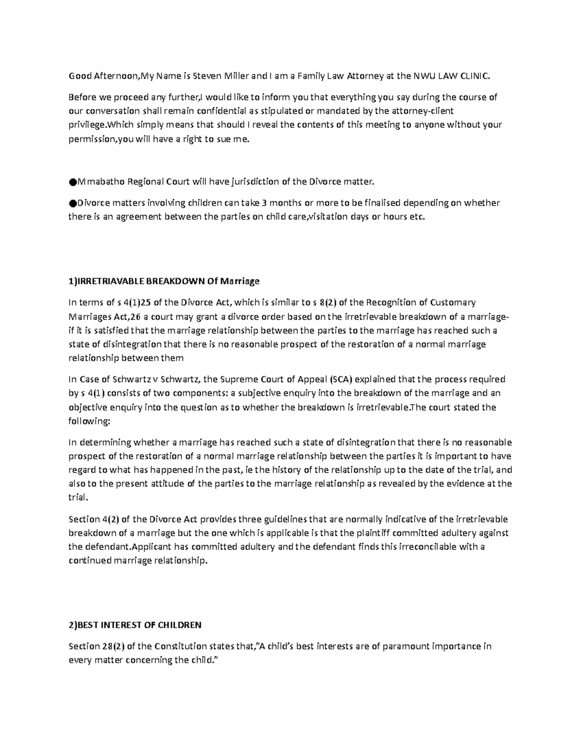 Legal Practice Document - Good Afternoon,My Name is Steven Miller and I ...