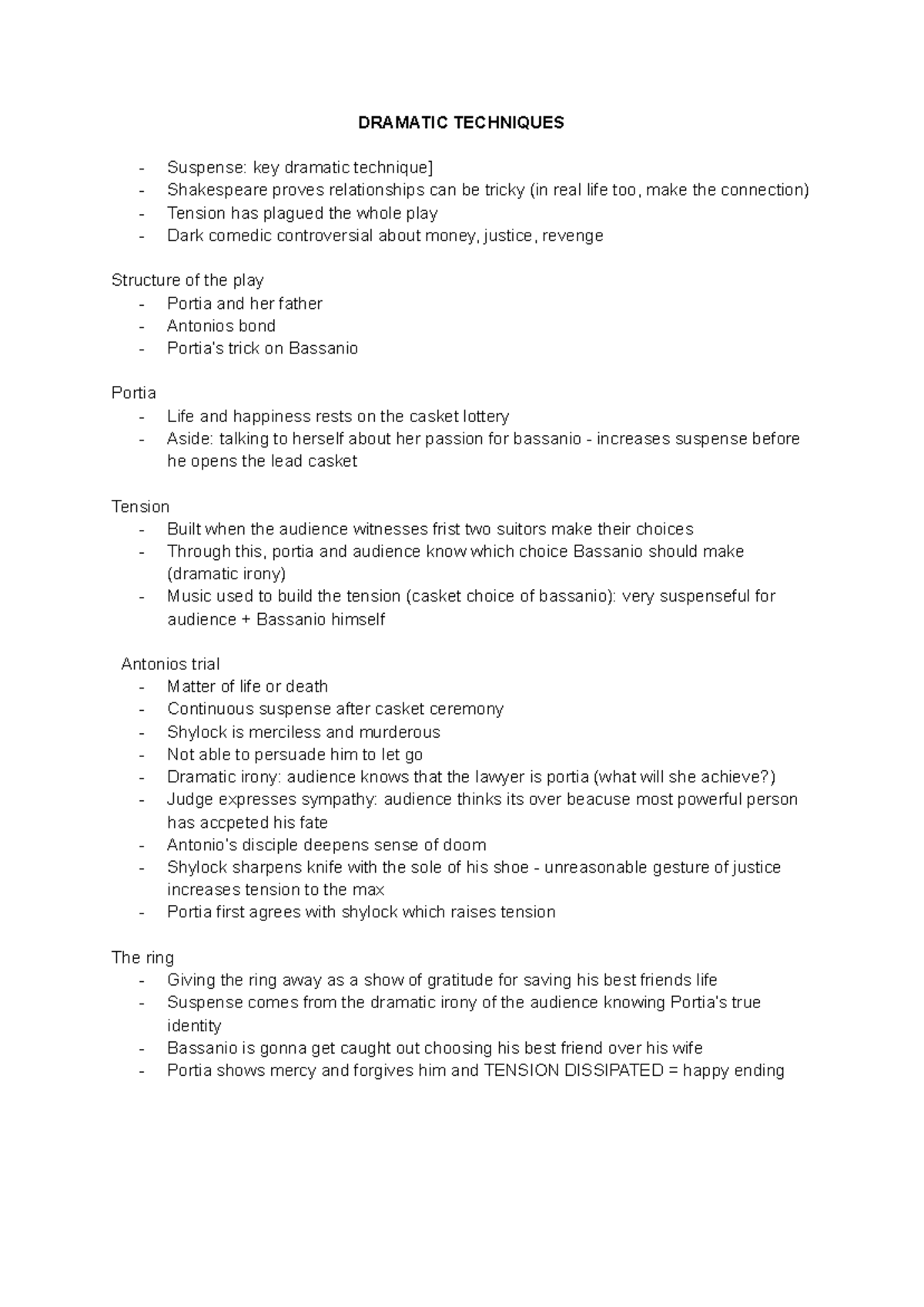 The merchant of venice notes - DRAMATIC TECHNIQUES Suspense: key ...