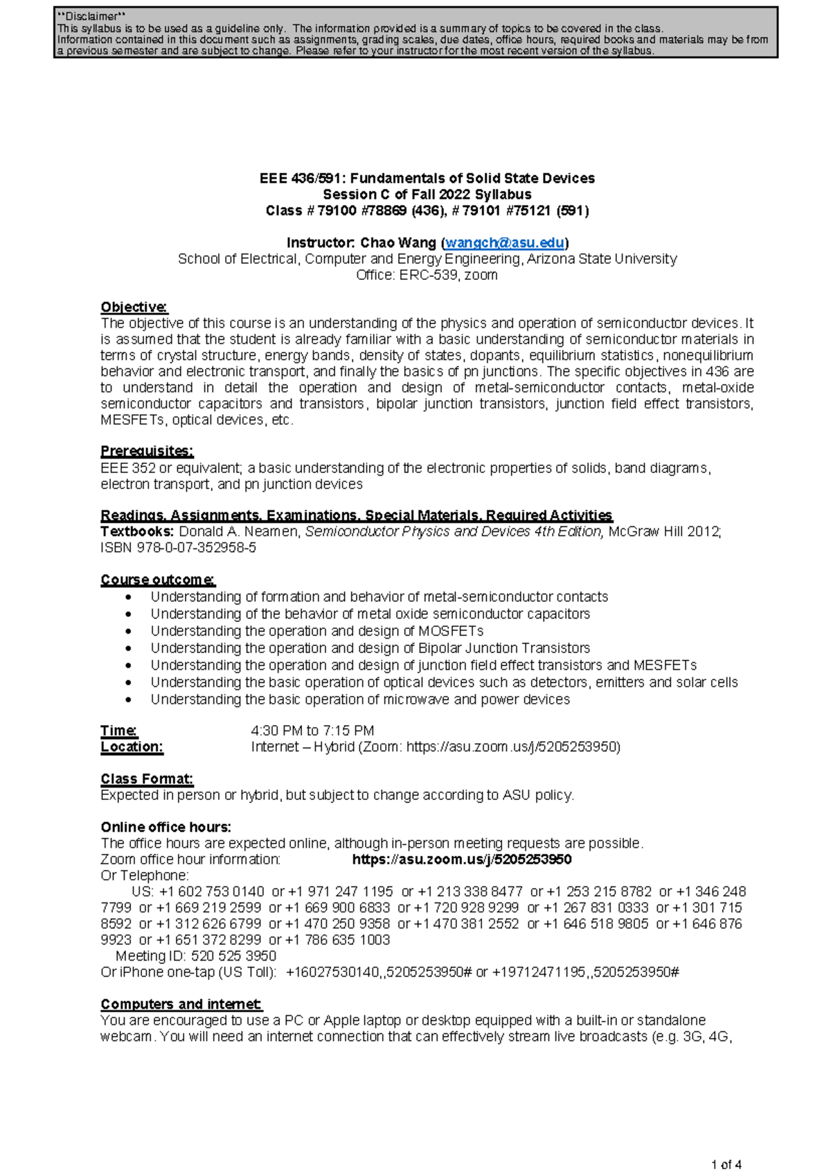 EEE 436 - Syllabus - EEE 436/591: Fundamentals of Solid State Devices Session C of Fall 2022 ...