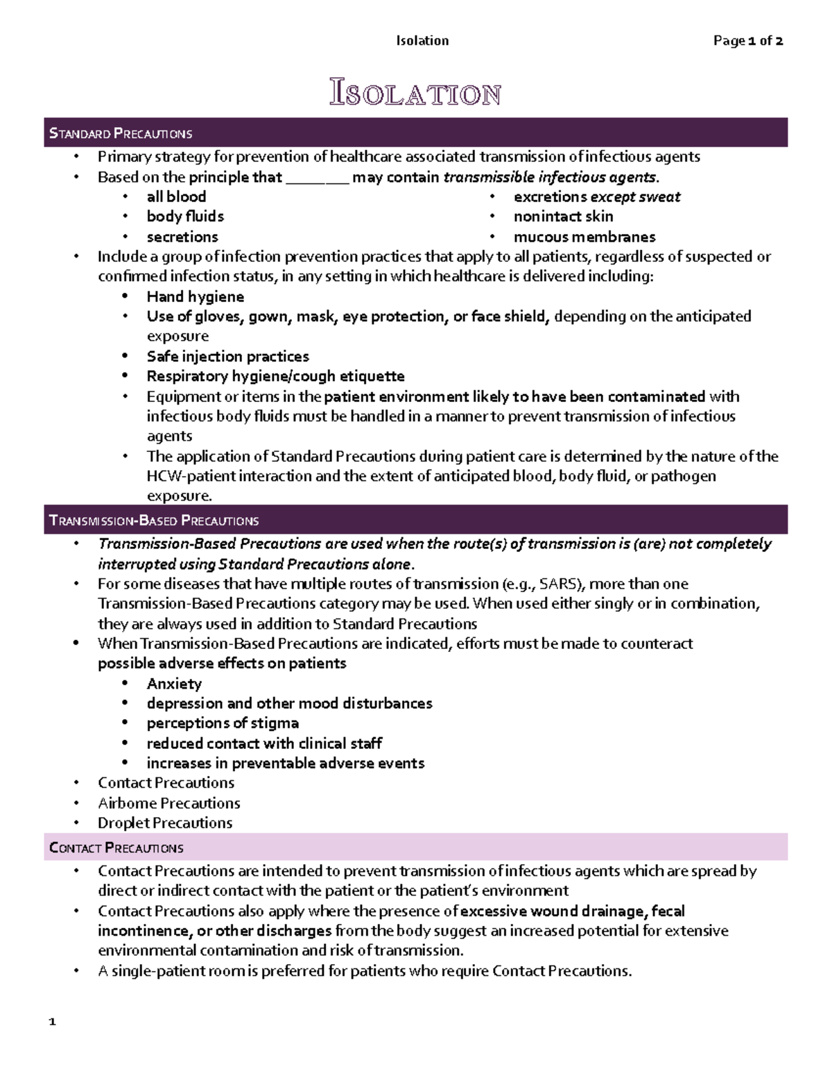 Isolation - for students - Isolation Page 1 of 2 ISOLATION STANDARD ...