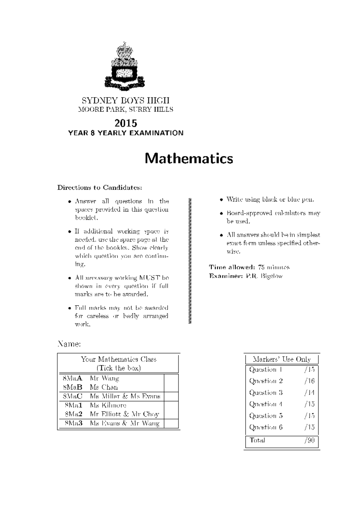 SBHS 2015 Y8 YRLY - past paper - Studocu