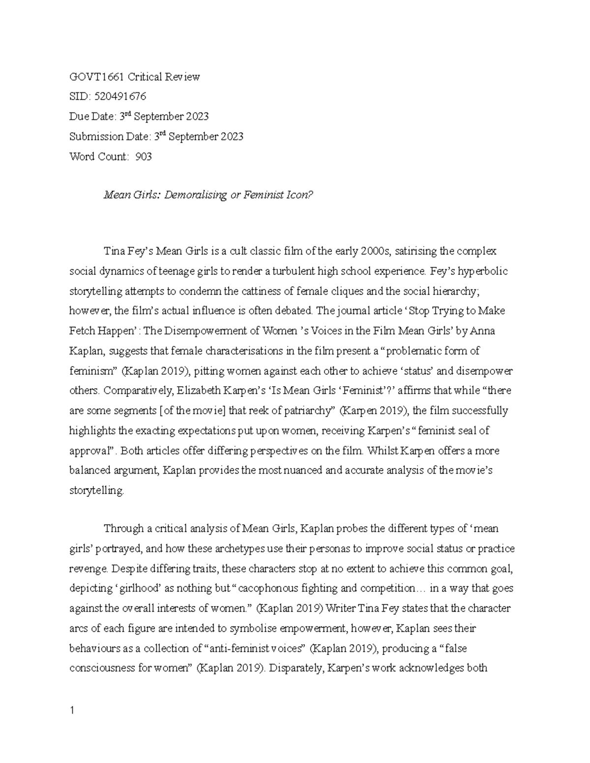 Critical Review Assignment - GOVT1661 Critical Review SID: 520491676 ...