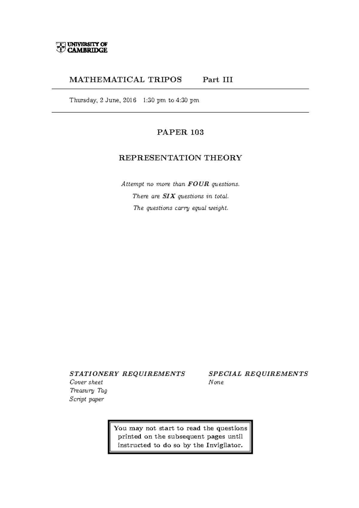 Exam 2 June 2016, questions - MATHEMATICAL TRIPOS Part III Thursday, 2 ...