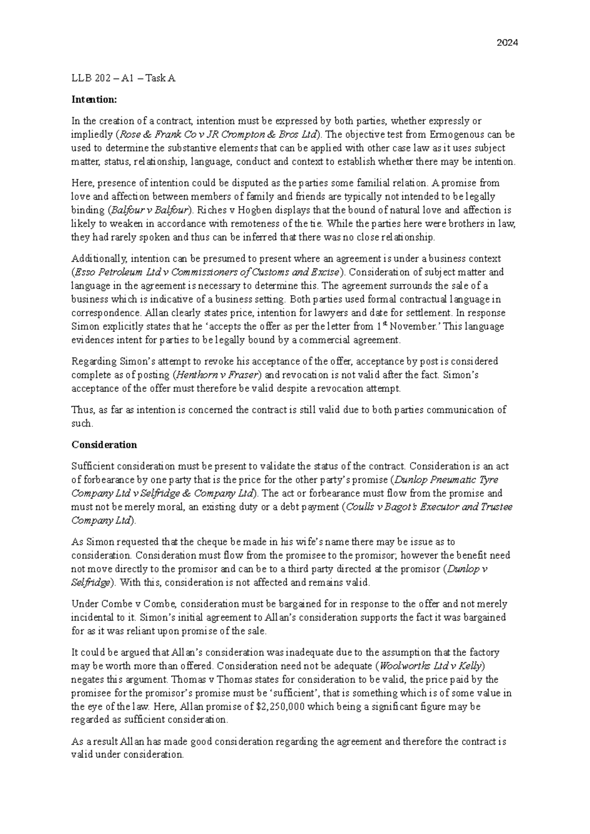 LLB202 Task A - 2024 LLB 202 – A1 – Task A Intention: In the creation ...