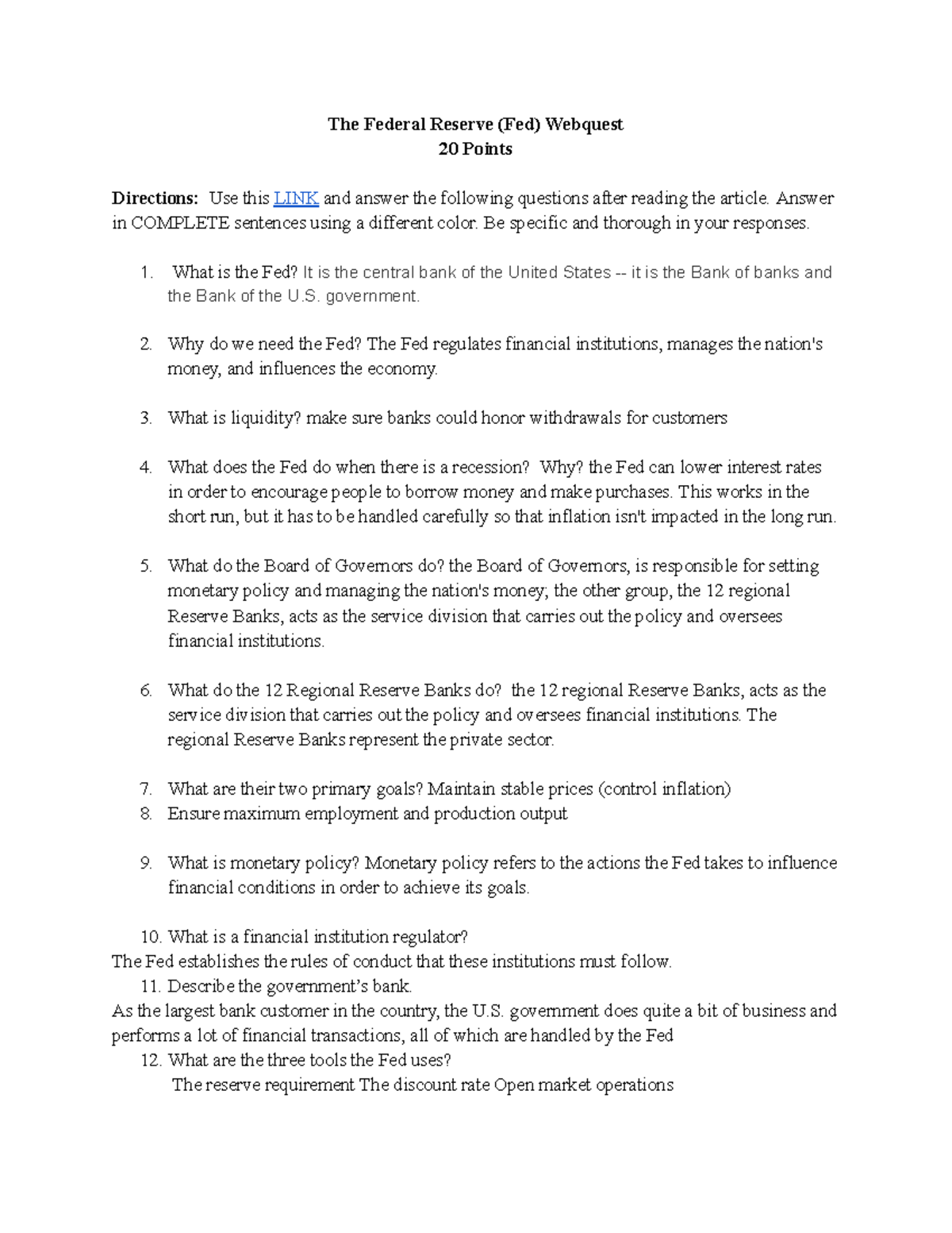 The Federal Reserve (Fed) Webquest - Answer in COMPLETE sentences using ...