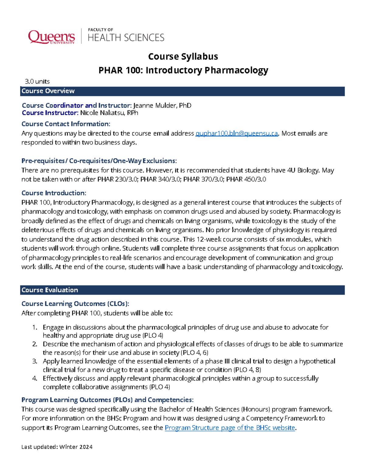 PHAR100-W24 - outlines - Course Overview Course Coordinator and ...
