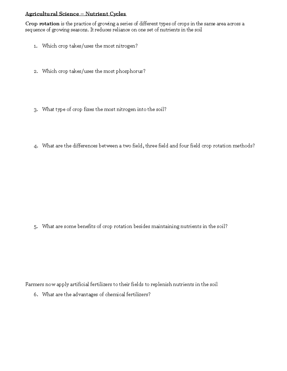 Agricultural Science Worksheet - Agricultural Science – Nutrient Cycles ...