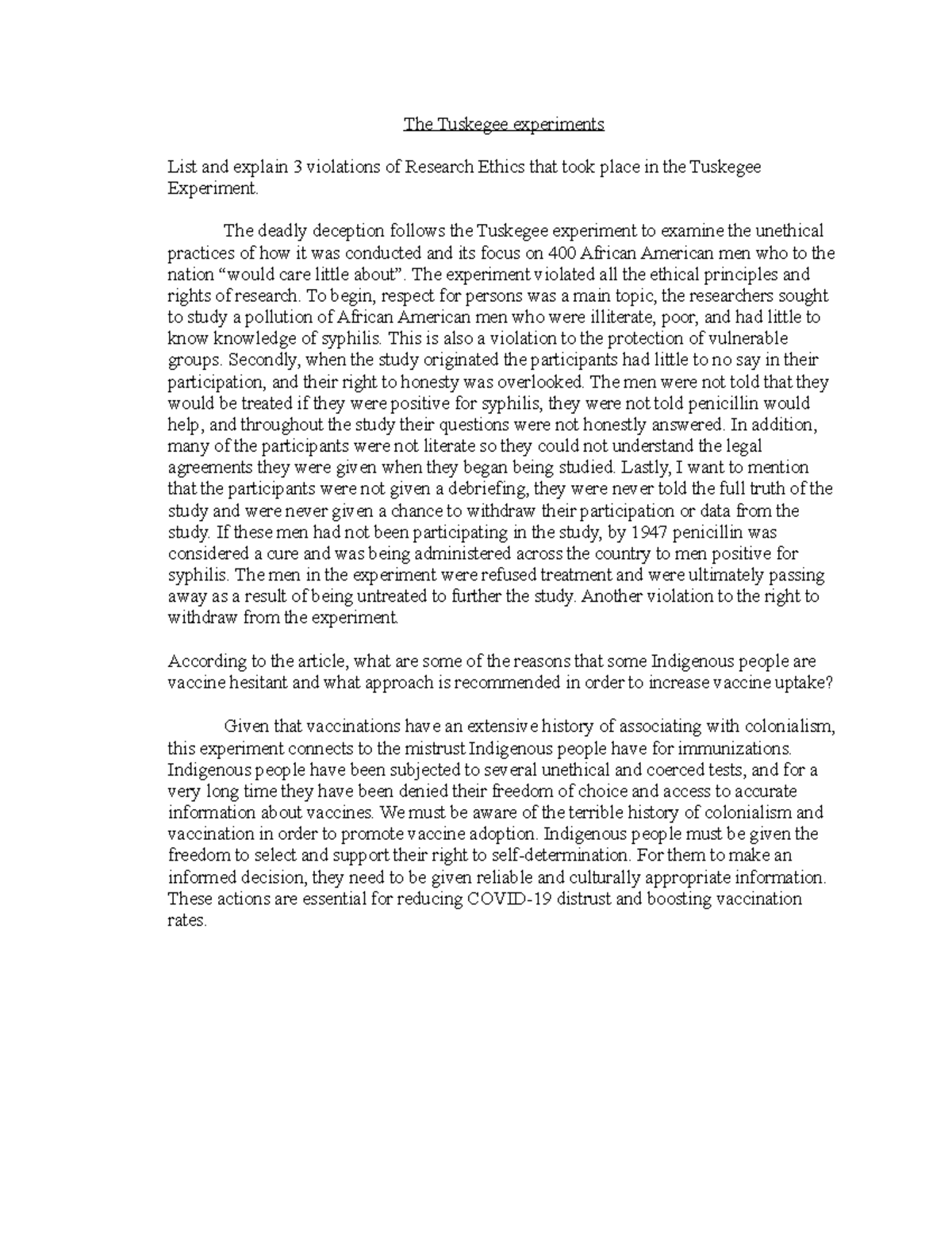 CS 235 tutorial 2 - The Tuskegee experiments List and explain 3 ...