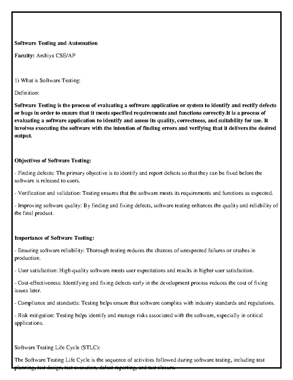 Software Testing Unit 1 Software Testing And Automation Faculty Arshiya Cseap What Is