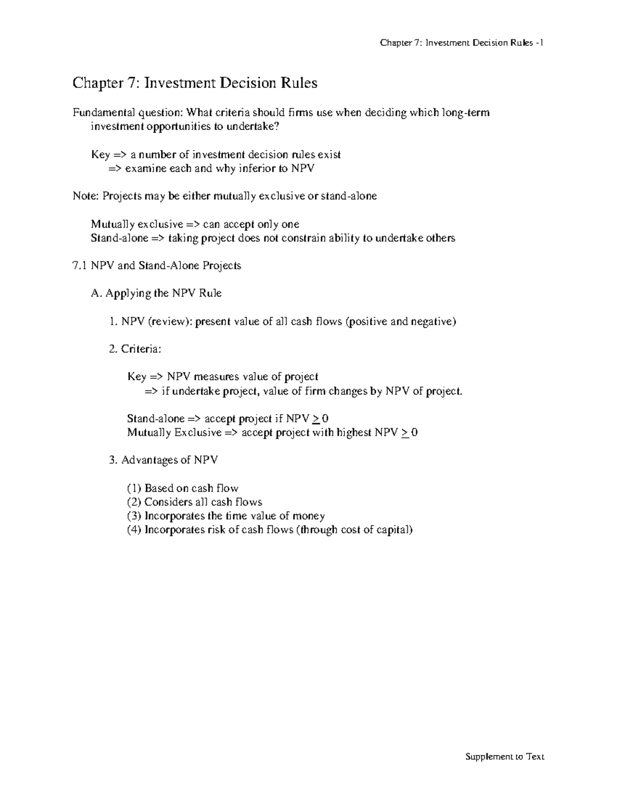 Ch07-3310 - CB Finance - Chapter 7: Investment Decision Rules -1 Chapter 7: Investment Decision ...