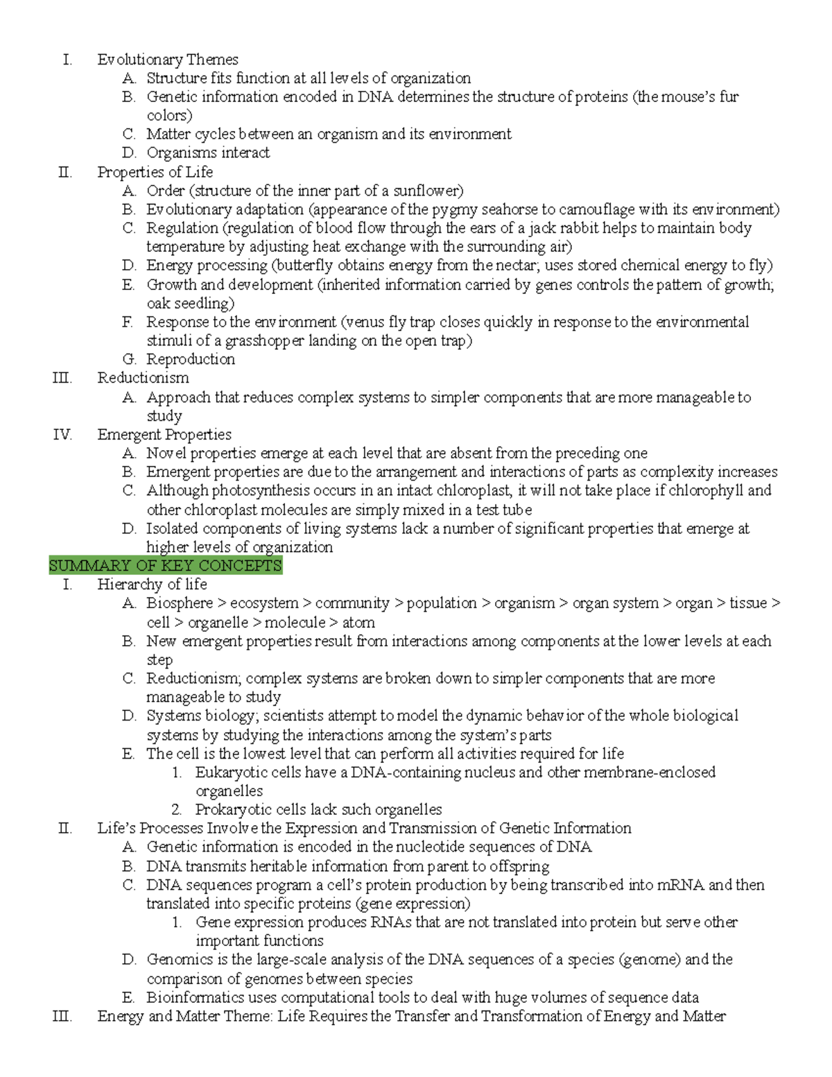 Biology Chapter I Notes - I. Evolutionary Themes A. Structure fits ...