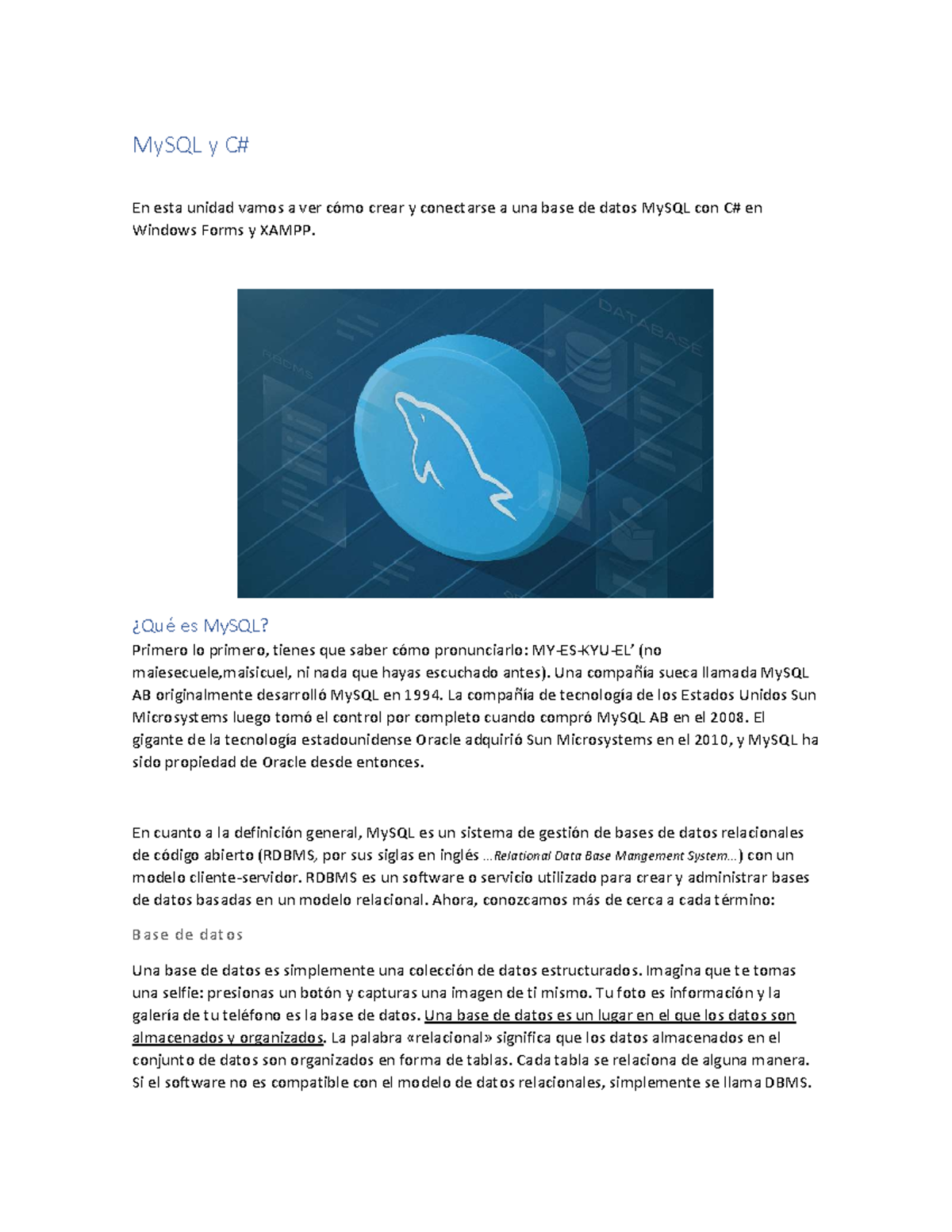 Conectar MYSQLcon C# - Apuntes 1 - MySQL y C# En esta unidad vamos a ...