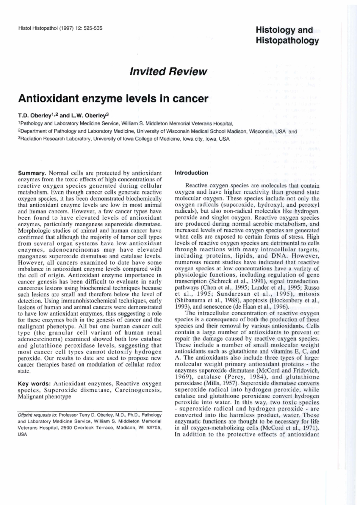 Antioxidant enzyme levels in cancer - Histol Histopathol (1997) 12: 525 ...