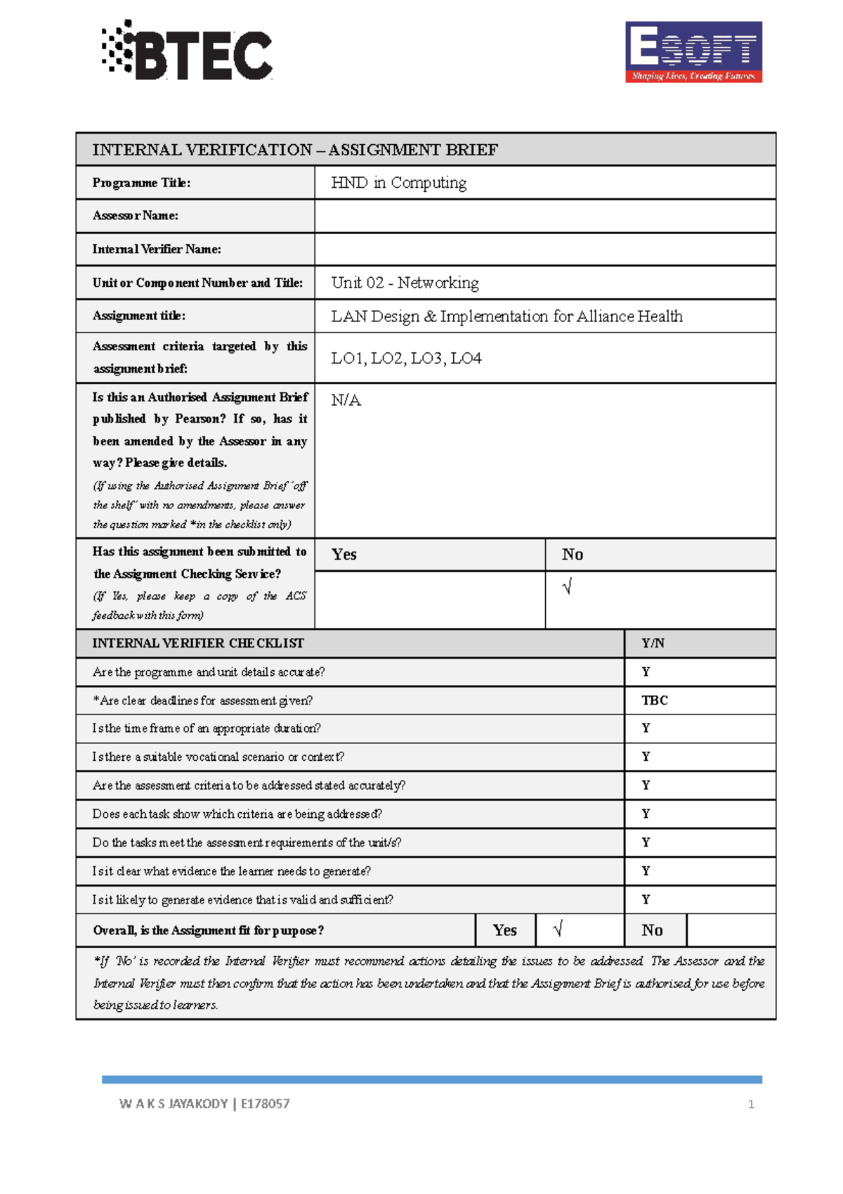 Unit 02 Networking Seneru Internal Verification Assignment Brief Programme Title Hnd In