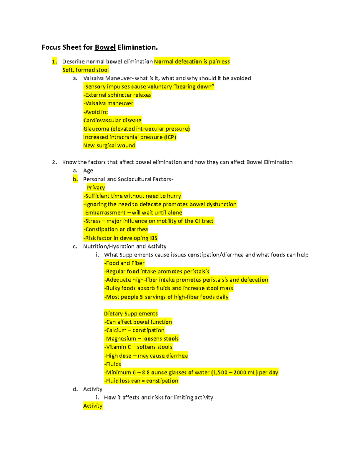 Focus Sheet Bowel Elimination - Focus Sheet for Bowel Elimination ...