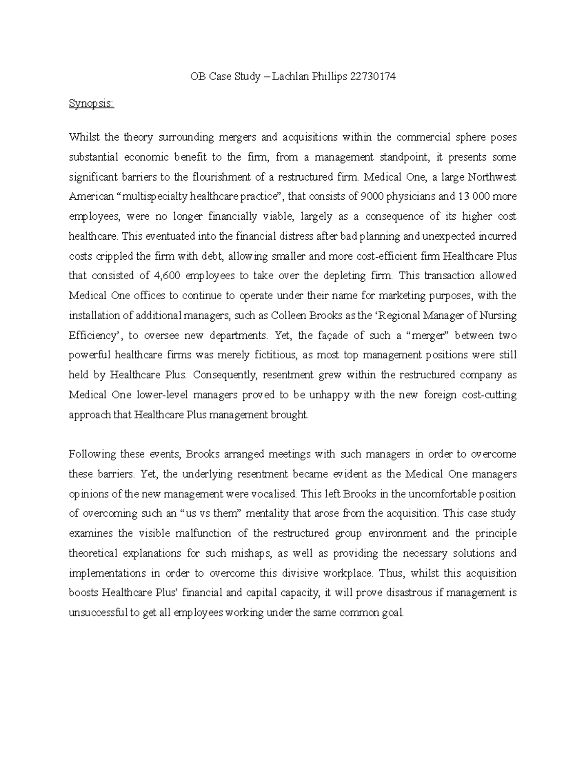 OB Case Study - MBS619 - Murdoch - Studocu