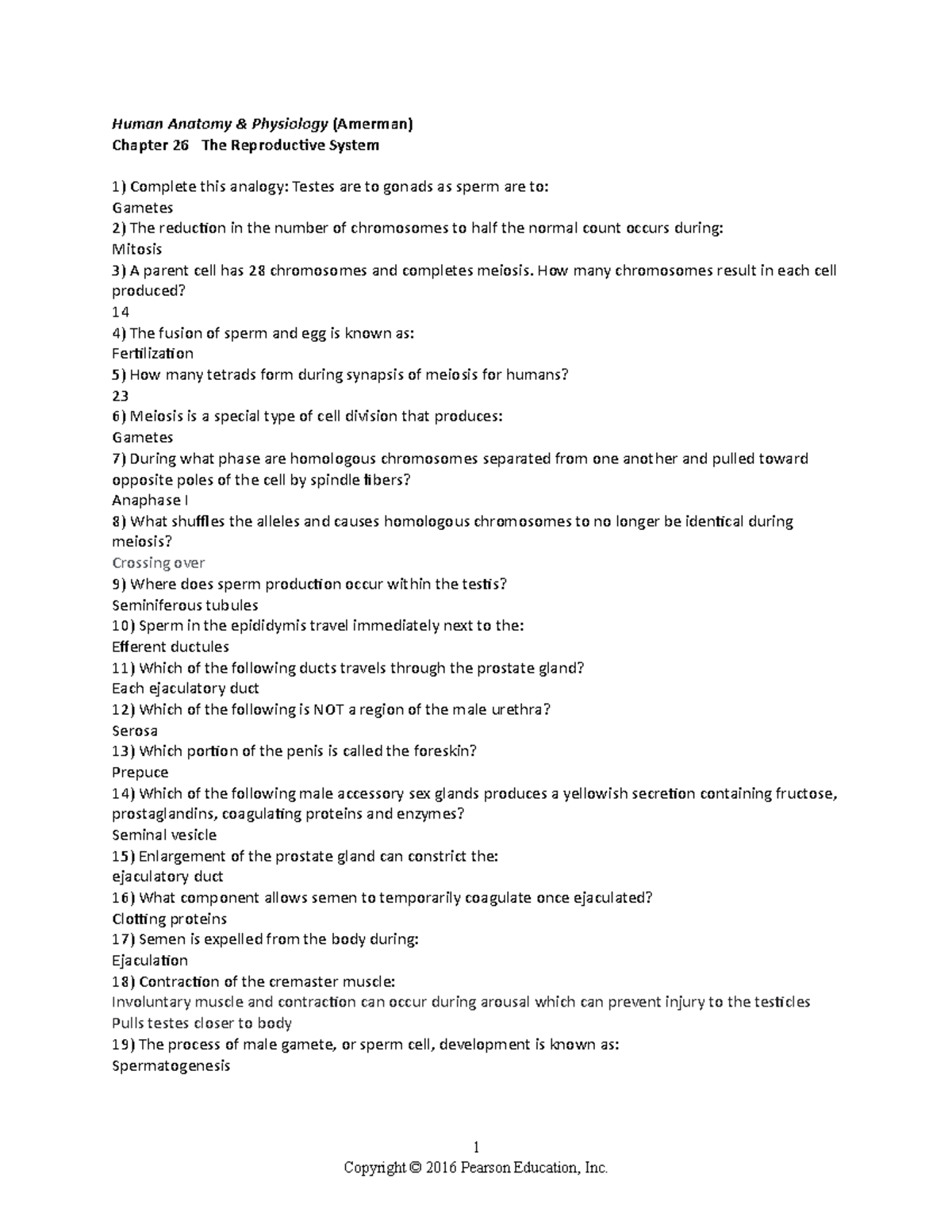 Test 5 - Test 5 - Human Anatomy Physiology (Amerman) Chapter 26 The ...