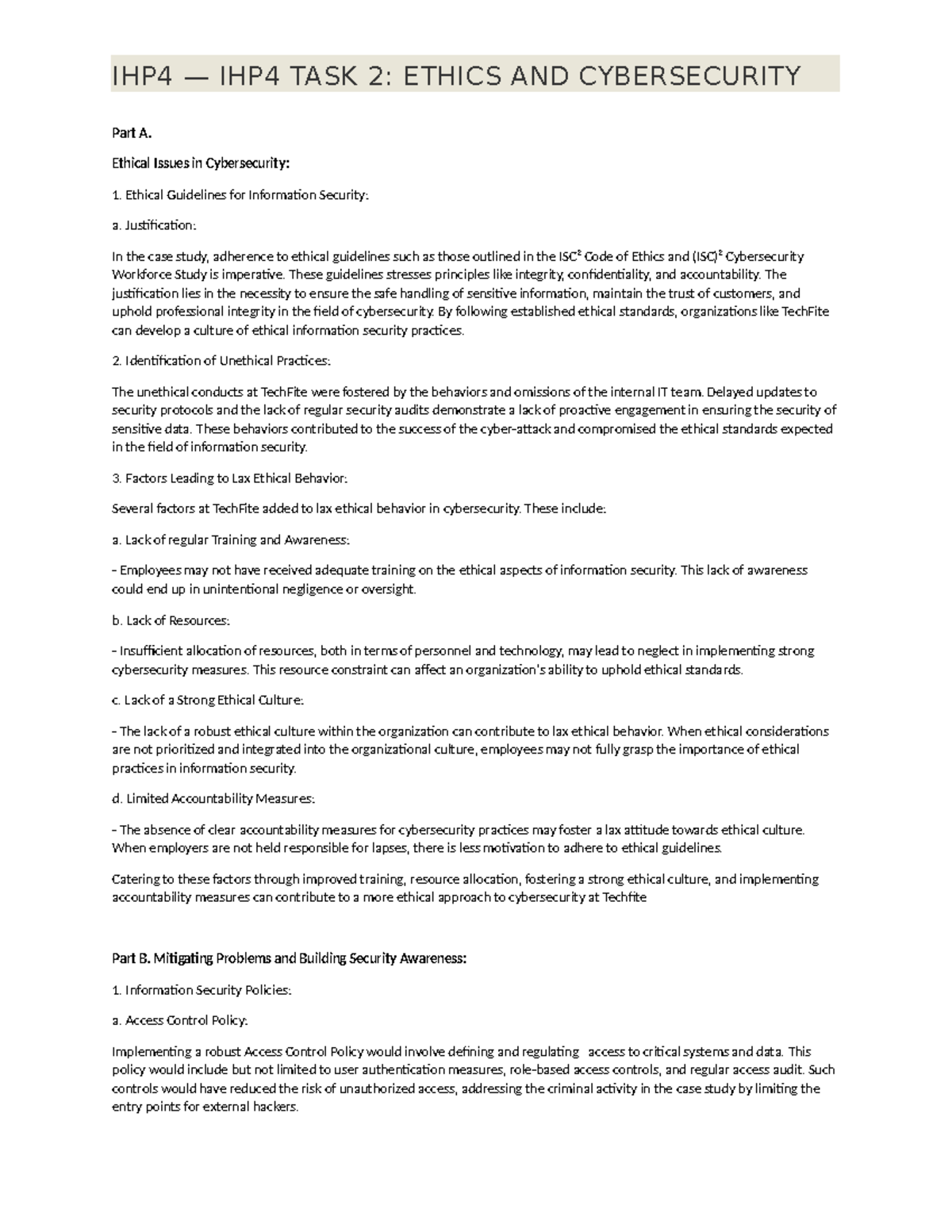 IHP4 TASK 2 - Task 2 - IHP4 — IHP4 TASK 2: ETHICS AND CYBERSECURITY Part A. Ethical Issues in ...