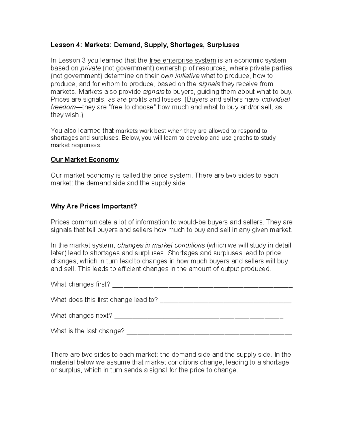 Lesson 4 Markets Demand, Supply, Shortages, Surpluses - Lesson 4 ...