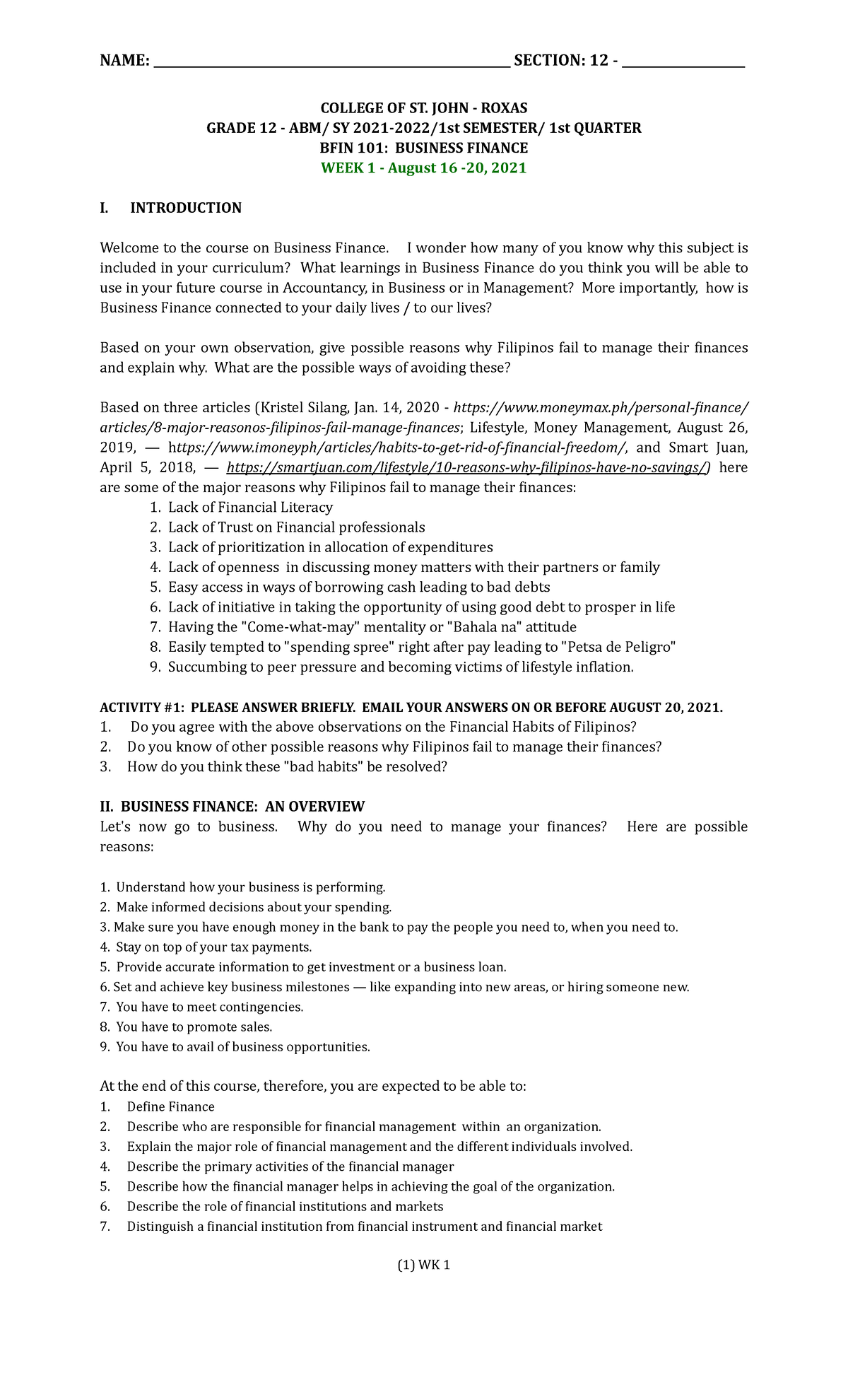 BFIN 101 BUSINESS Learning Module WK 1 - COLLEGE OF ST. JOHN - ROXAS ...
