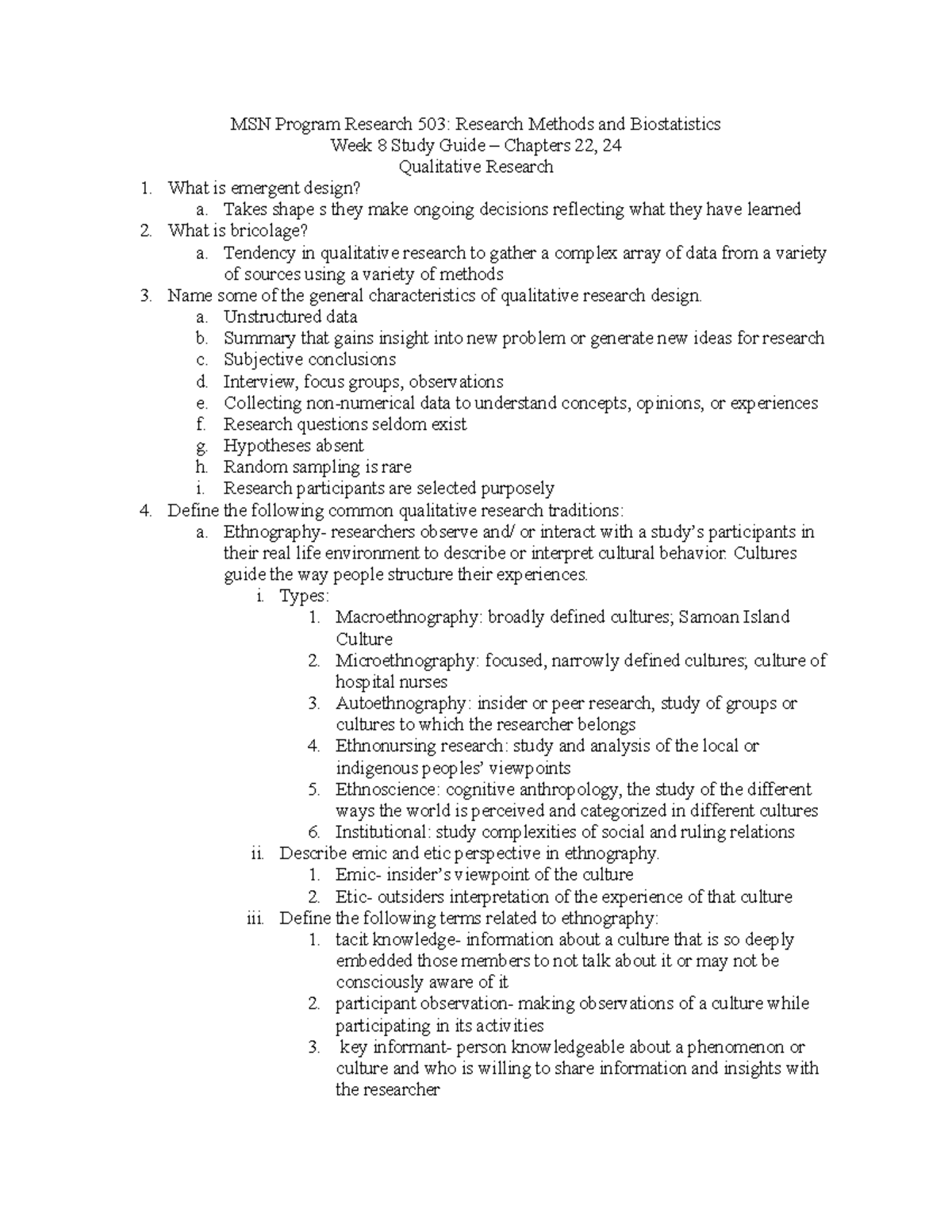 Week 8 Study Guide - MSN Program Research 503: Research Methods and ...