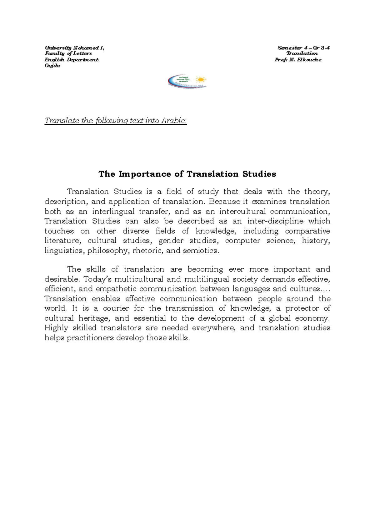 The importance of translation studies - University Mohamed I, Semester ...