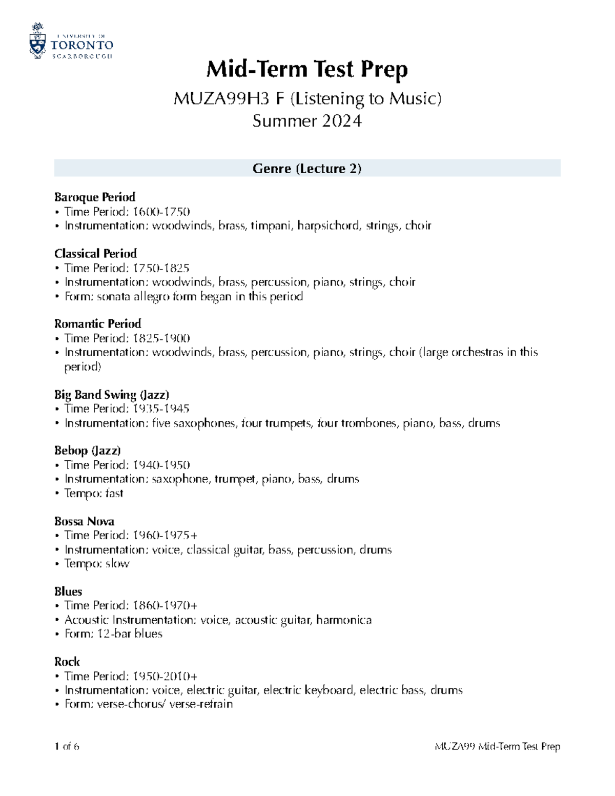 MUZA99 Mid-Term Test Prep - Mid-Term Test Prep MUZA99H3 F (Listening to ...