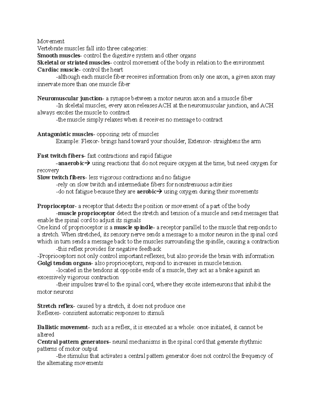 Movement quiz notes - Movement Vertebrate muscles fall into three ...
