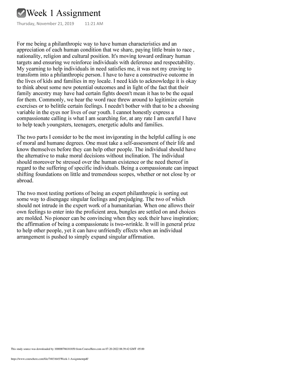 Week 1 Assignment - For me being a philanthropic way to have human characteristics and an - Studocu