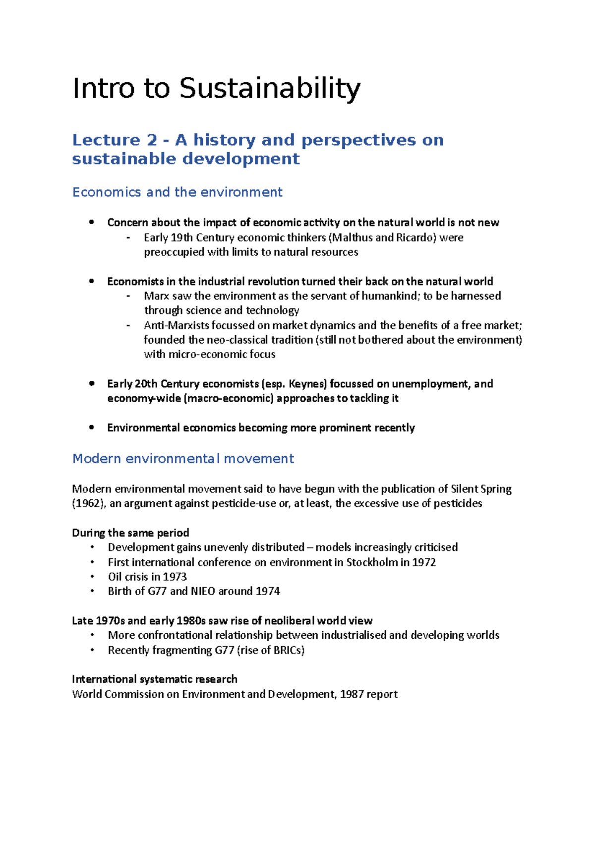 Intro to Sustainability - Intro to Sustainability Lecture 2 - A history ...