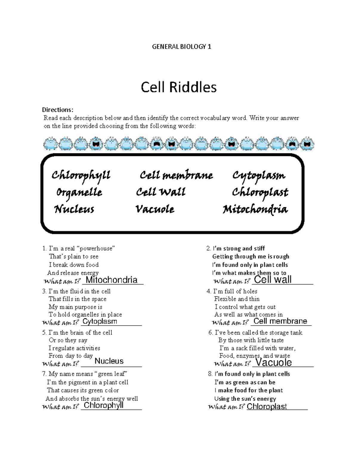 CELL Riddles - GENERAL BIOLOGY 1 Name ...