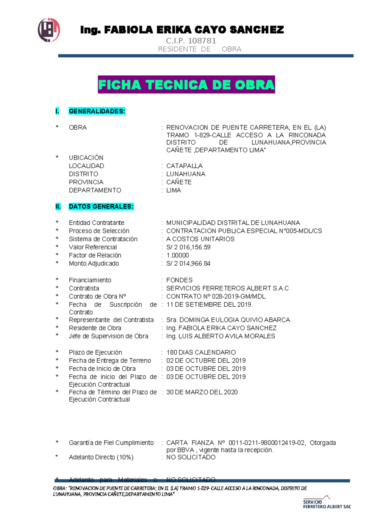 Ficha Tecnica DE Identificacion DE OBRA Puente - C.I. 108781 RESIDENTE ...
