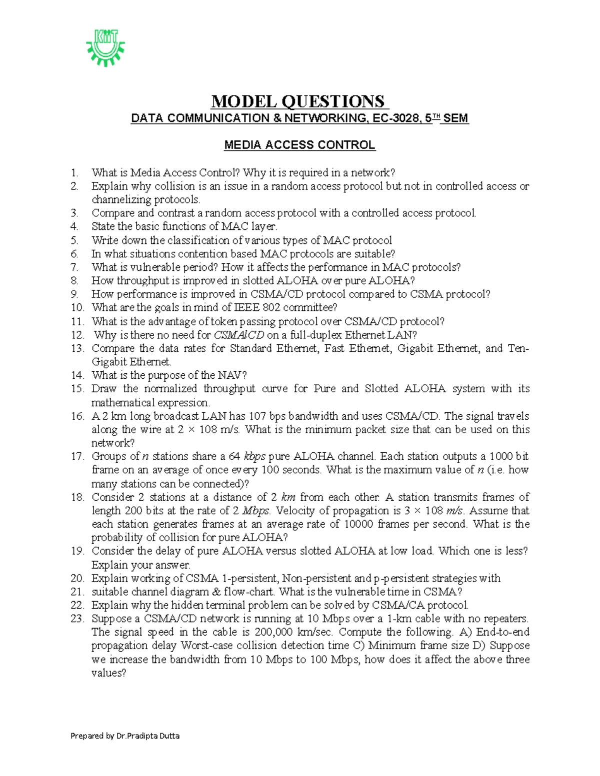 EC3028 Questions MAC - QUESTION BANK OF DCN - MODEL QUESTIONS DATA ...