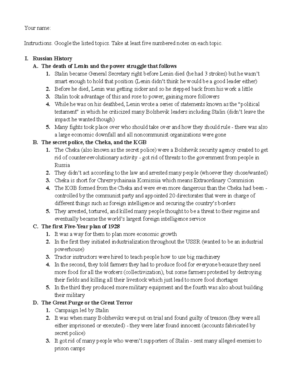 Russian History - Your name: Instructions. Google the listed topics ...