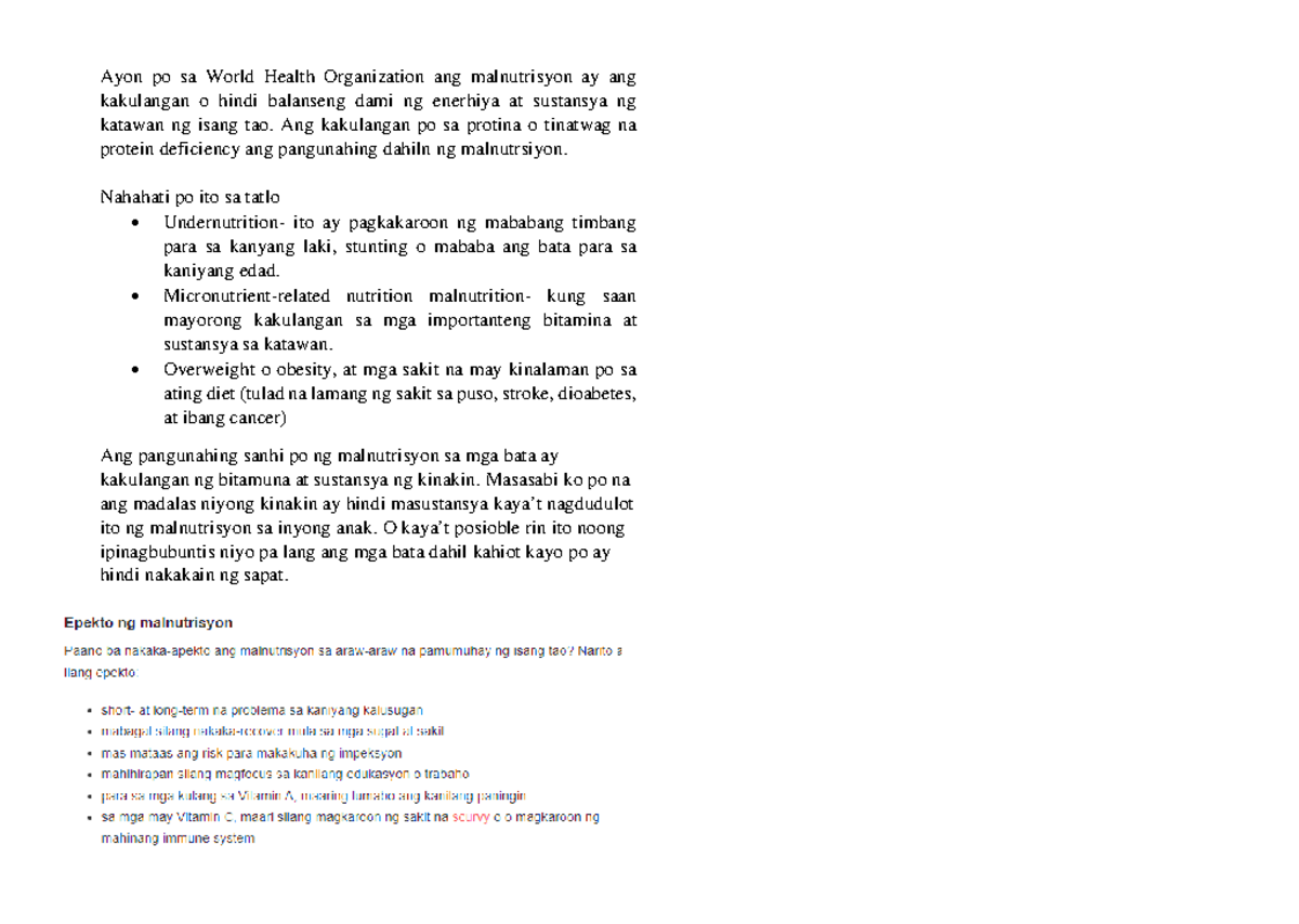 Brochure - Malnutrition Info - Ayon po sa World Health Organization ang ...