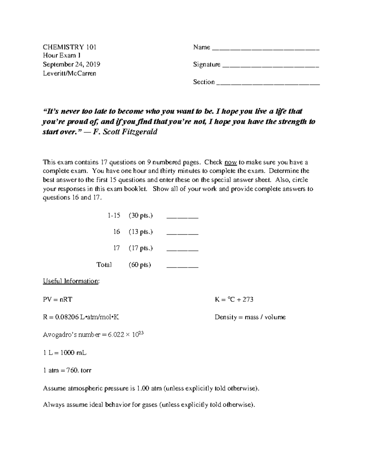 Chem101 Example Exam 1 Practice 1 Exam Chemistry 101 Name