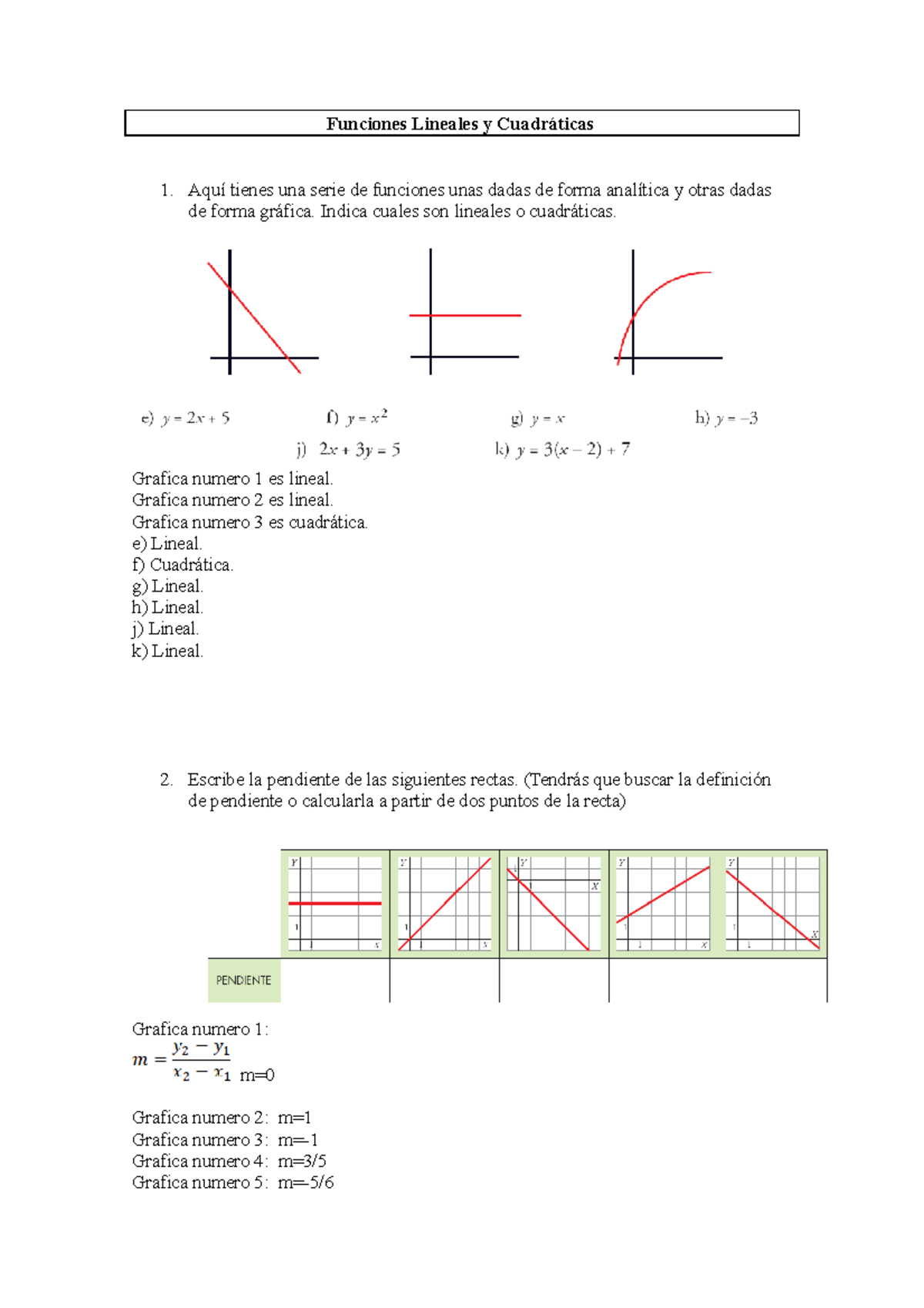 Taller de funcion lineal y cuadratica - Funciones Lineales y Cuadráticas Aquí tienes una serie ...