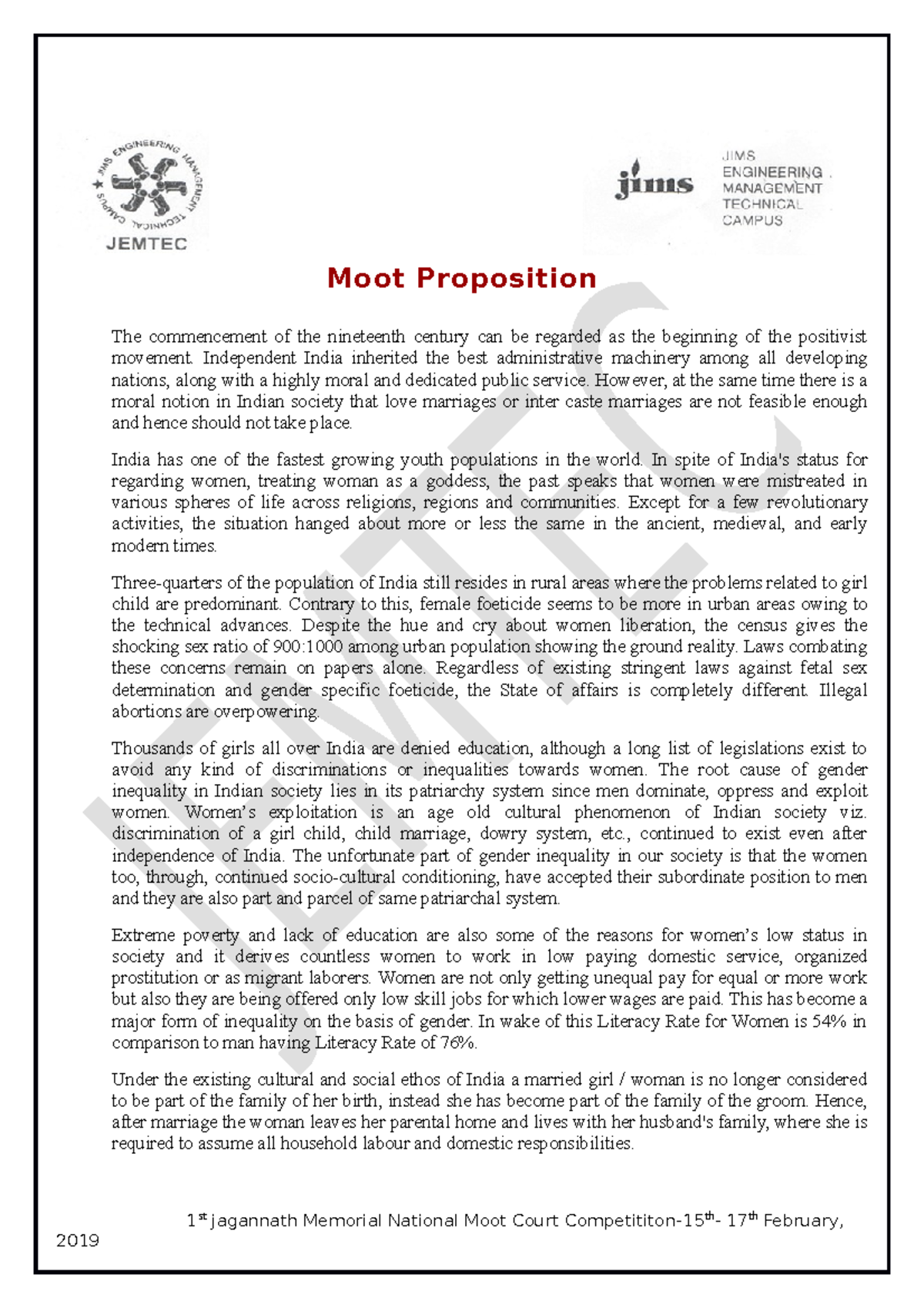 MOOT- Proposition - Moot Proposition The commencement of the nineteenth ...