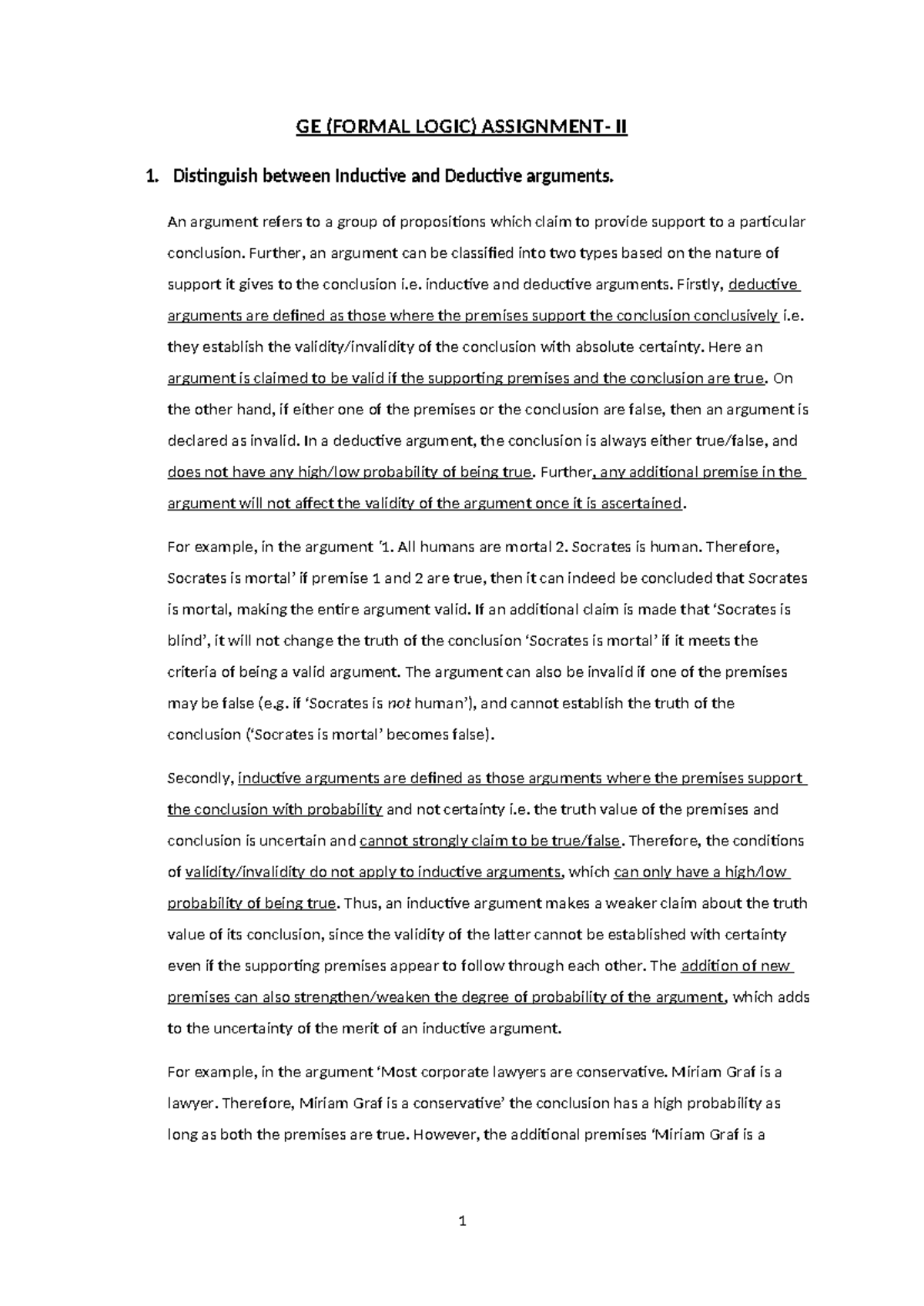 Inductive/Deductive Arguments and Validity - GE (FORMAL LOGIC) ASSIGNMENT- II 1. Distinguish ...