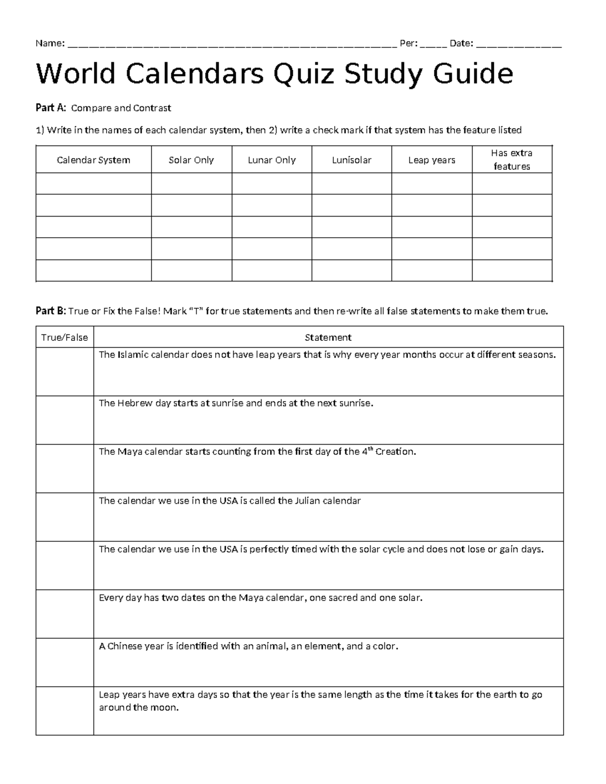 World Calendars Study Guide - Name